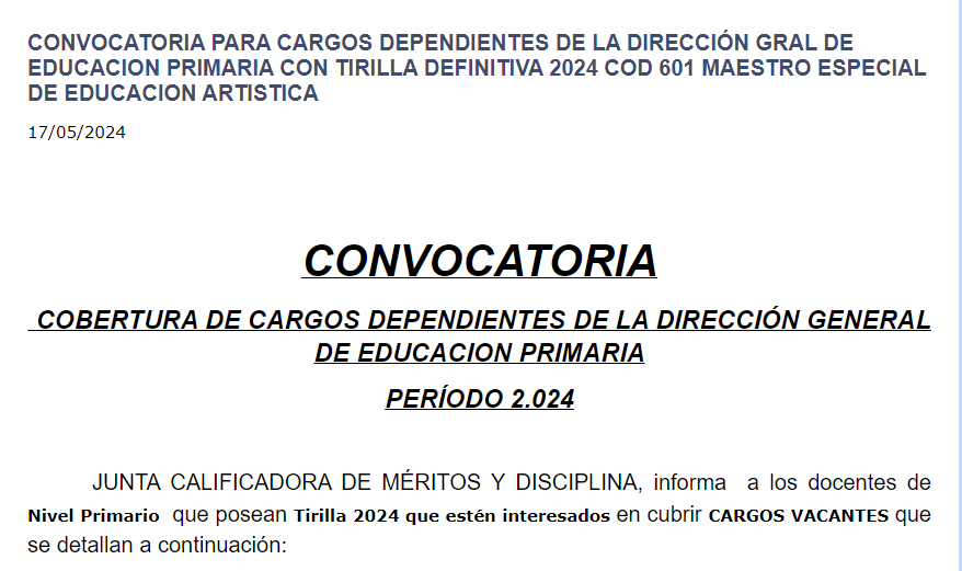 CONVOCATORIA PARA CARGOS CON TIRILLA DEFINITIVA 2024: MAESTRO ESPECIAL ...